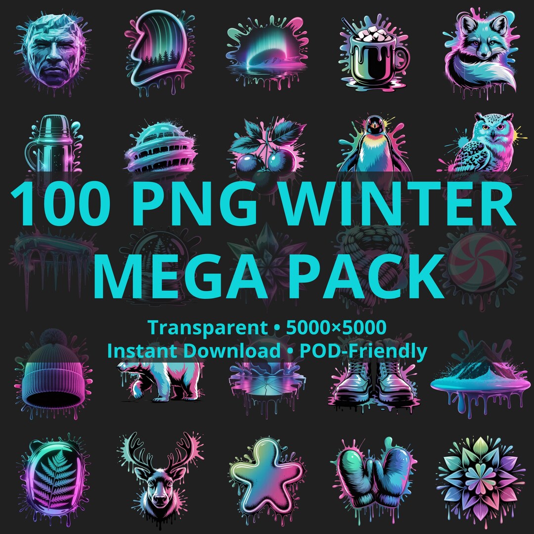 100 PNG Winter Mega Pack – Neon Drip Icons • 5000×5000 • Transparent ...