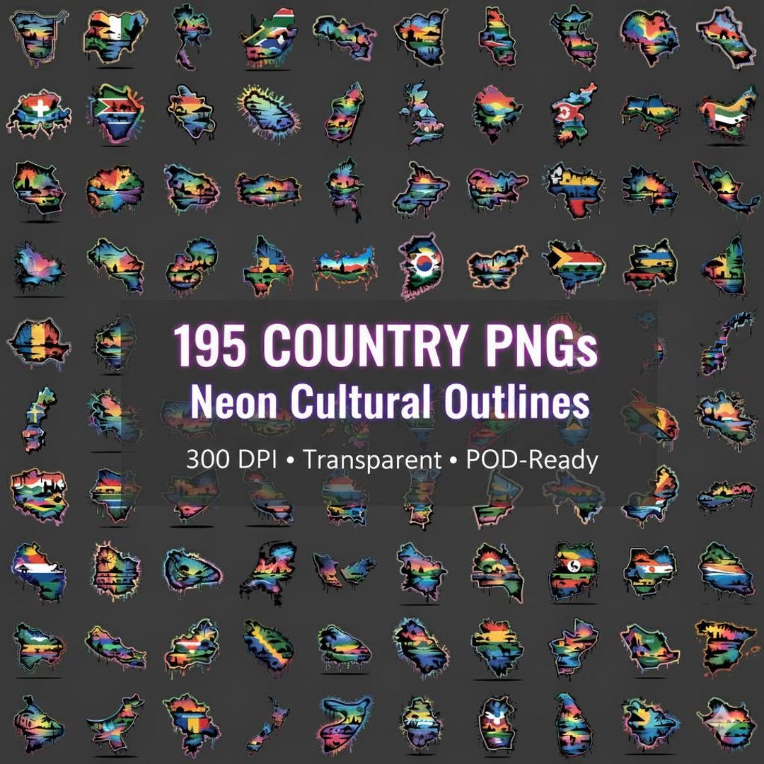 Neon World Countries PNG Bundle — 195 Cultural Outline Designs for T ...
