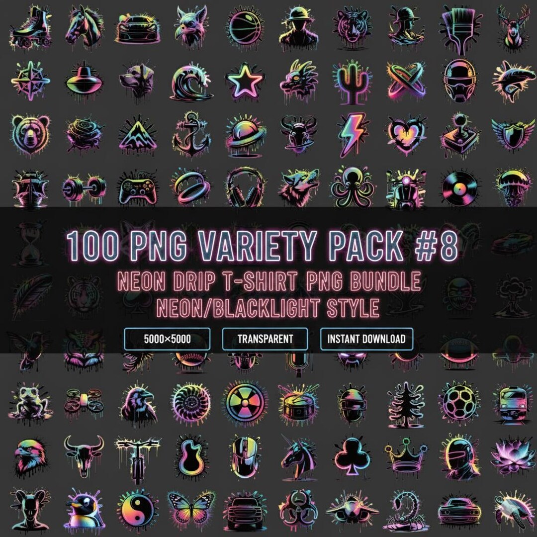 Variety Pack #8 | 100 Neon Drip PNG Bundle | 5000×5000 Transparent ...