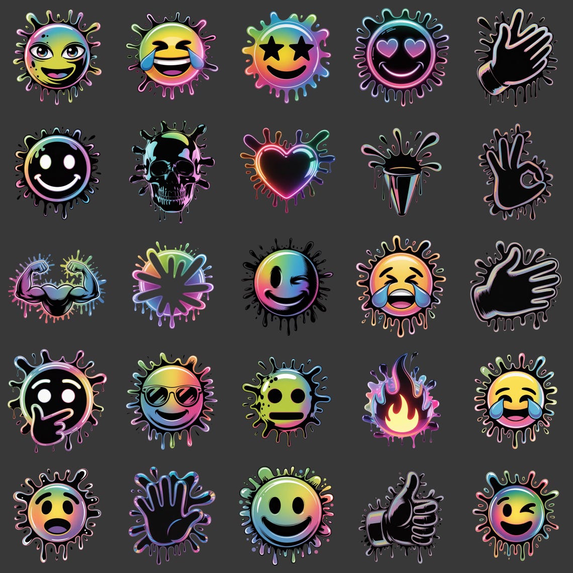 Neon Drip Emoji PNG Bundle: Cyberpunk Graffiti Designs (commercial Use ...