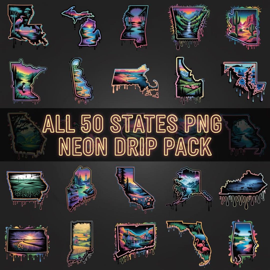 50 USA State PNG Bundle | Neon Drip Outlines | Graffiti T-shirt Designs ...