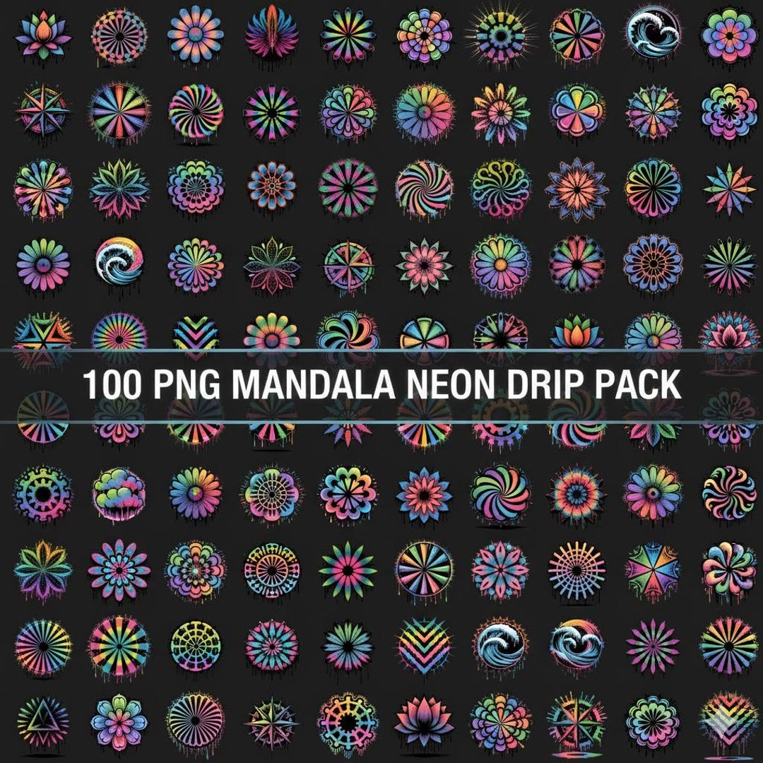 Neon Mandala Drip PNG Bundle: High-res Designs for Sublimation (digital ...