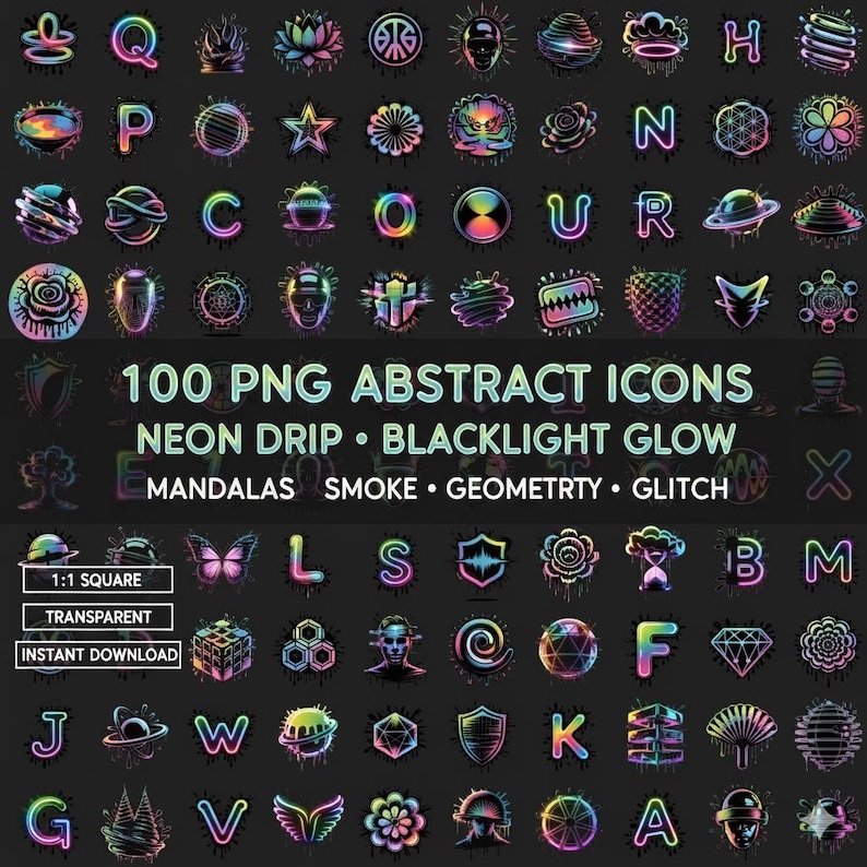 Neon Drip PNG Bundle – 100 Abstract Blacklight Icons (digital Download ...