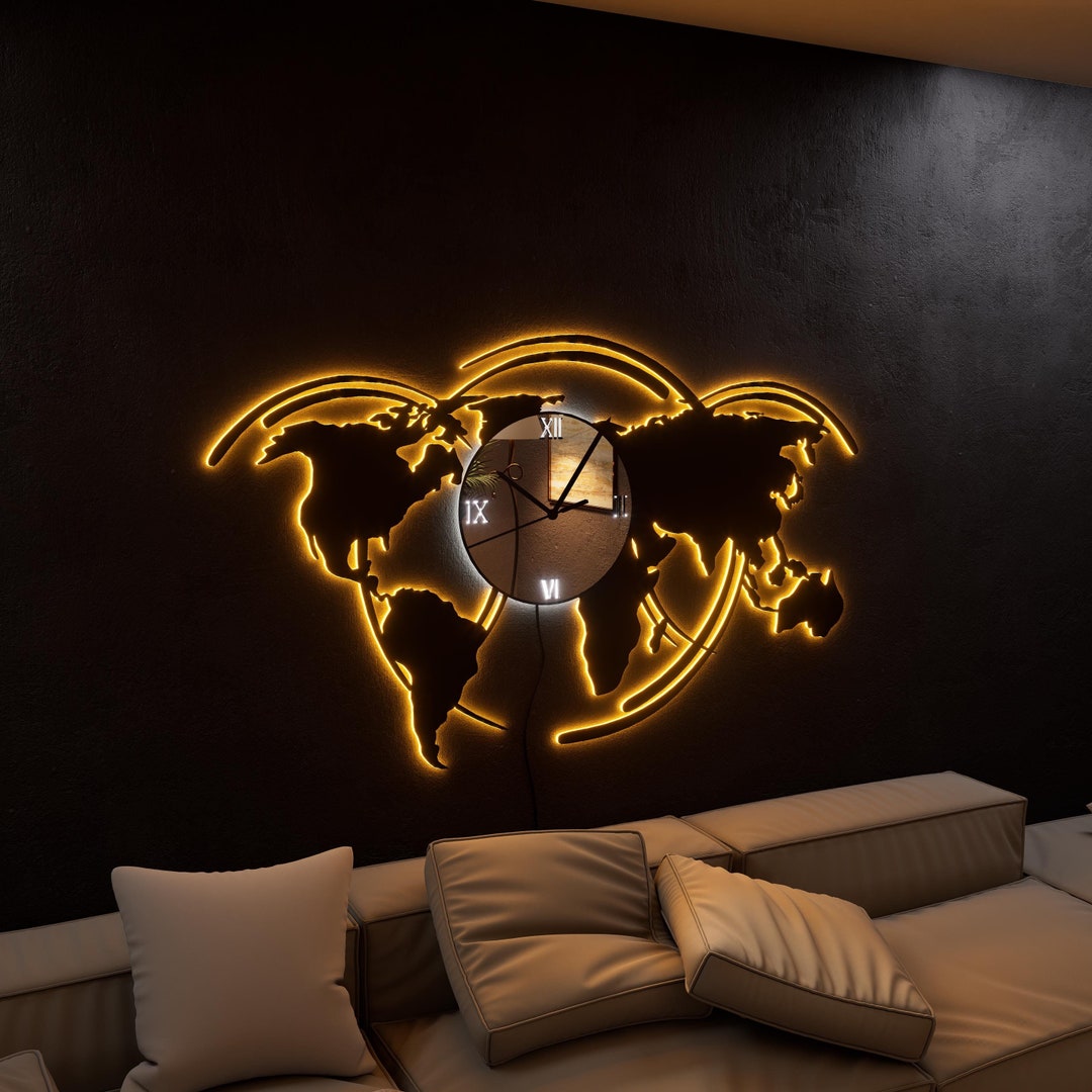 World Map Metal Wall Clock, LED Metal Wall Clock, Extra Large Wall ...