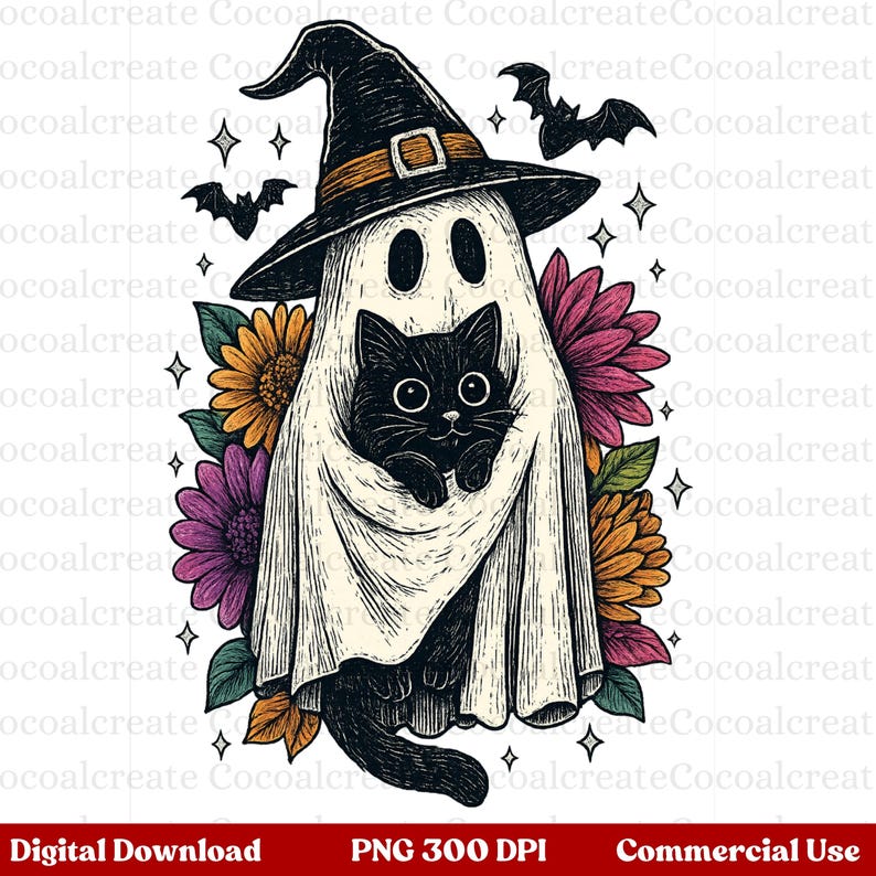 Halloween Ghost Png, Retro Halloween Ghost and Black Cat PNG, Halloween ...