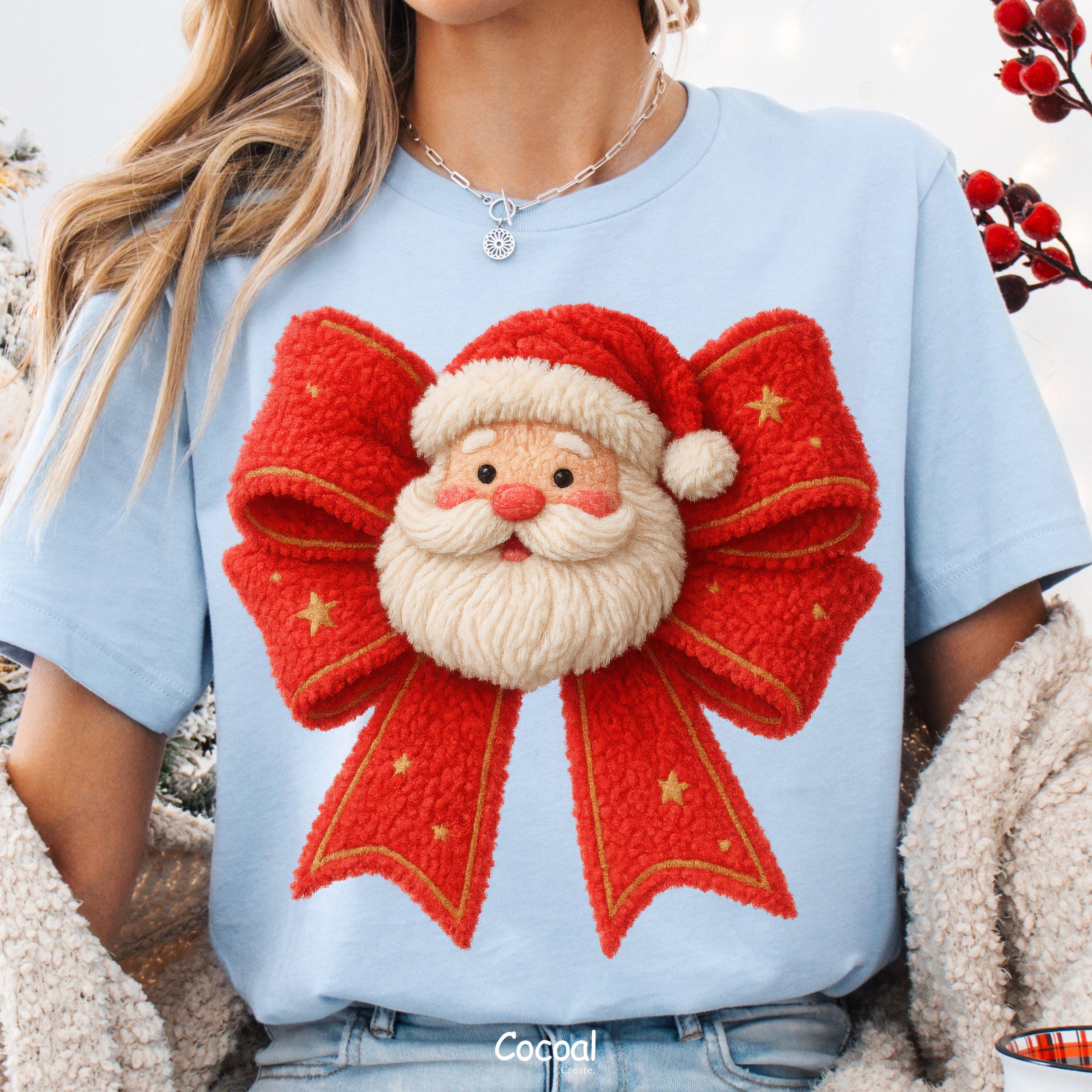 Christmas Santa Face Tufted Embroidery Bow PNG, Plush Red Ribbon ...