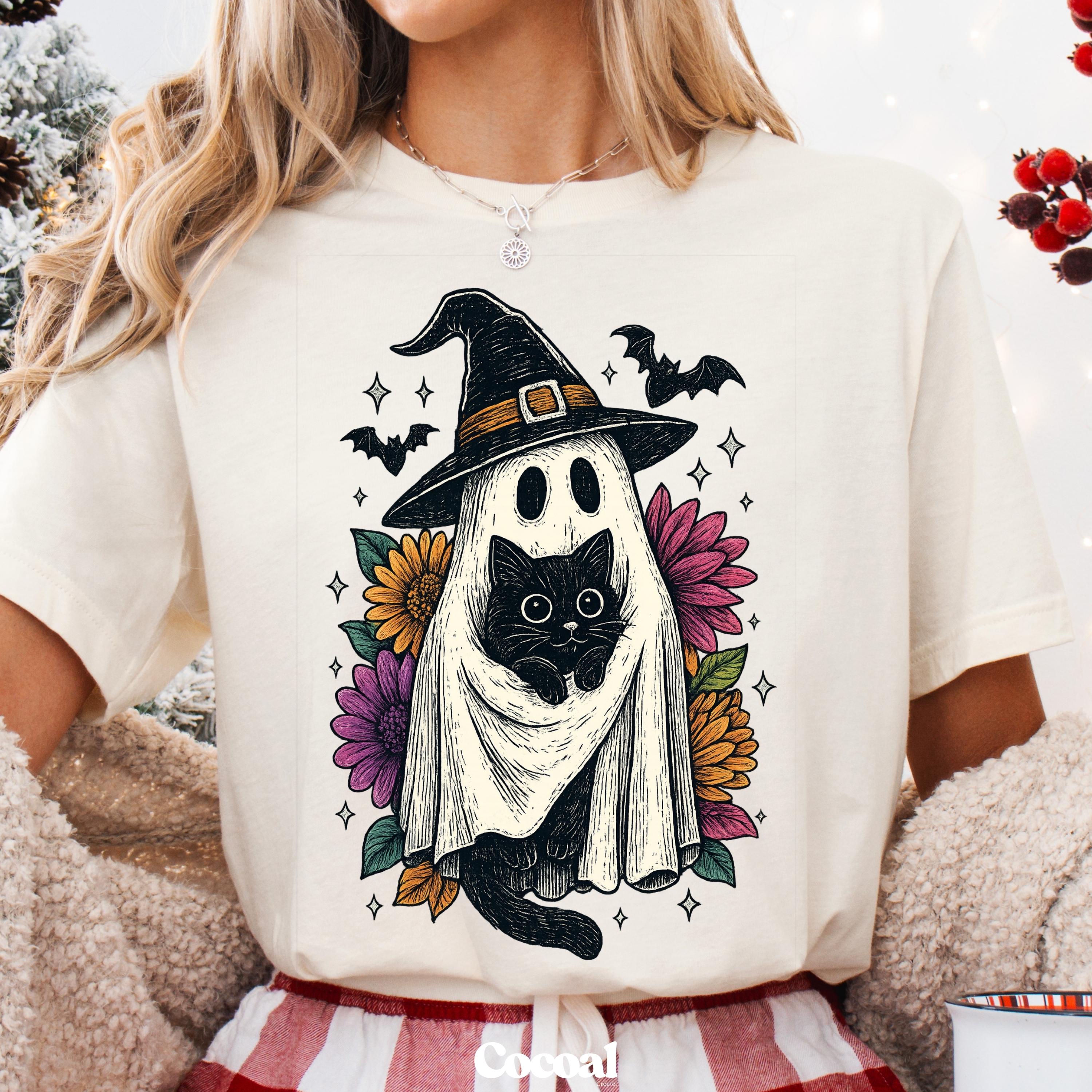 Retro Halloween Ghost and Black Cat PNG & Floral Spooky Design Digital ...