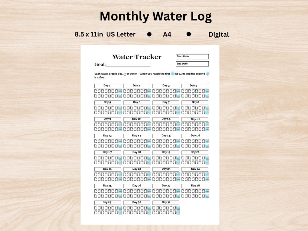 Water Tracker Printable- Monthly Hydration- Water Log- Digital- PDF ...
