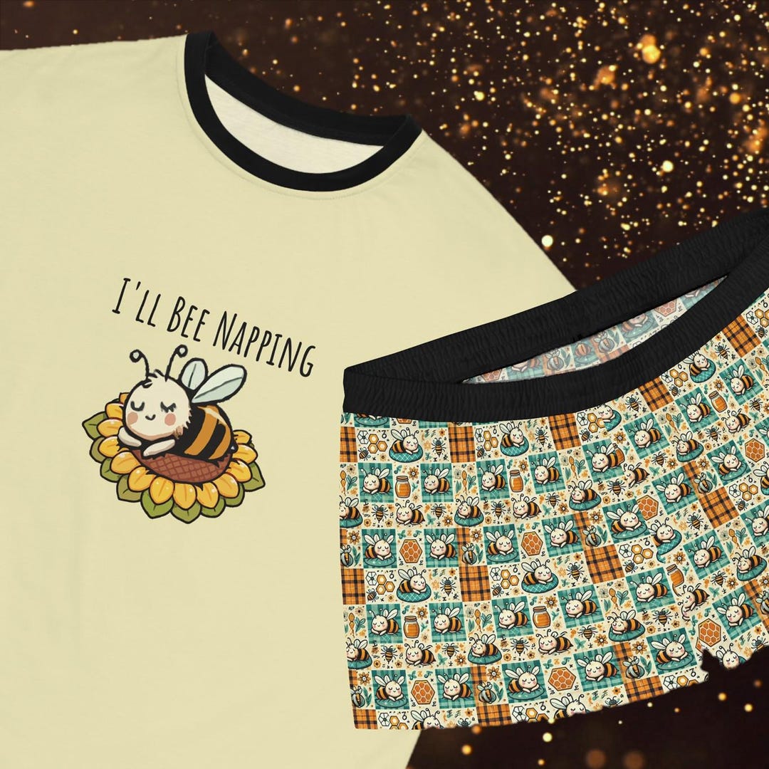 I'll Bee Napping Women's Pajama Set, Cute Bee Pun Plaid Pjs, Sleepwear ...