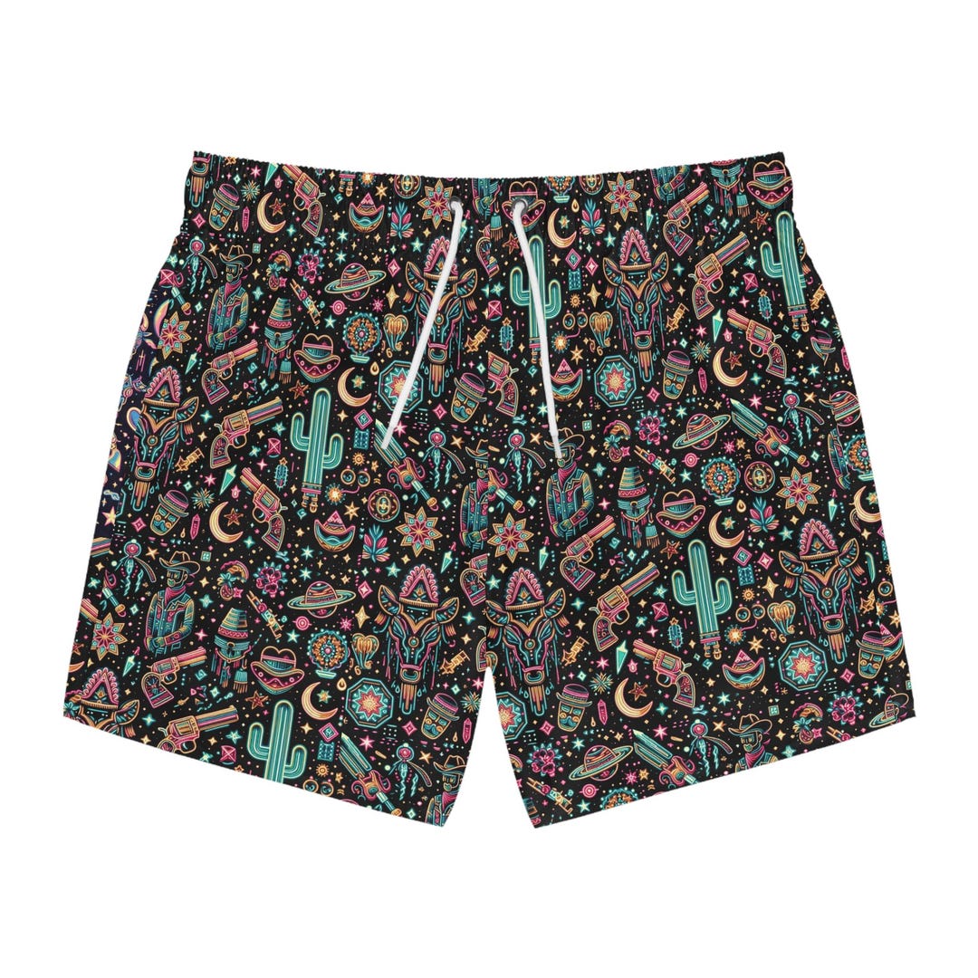 Space Cowboy Swim Trunks, Fun Beach Shorts, Summer Swimwear, Vibrant ...