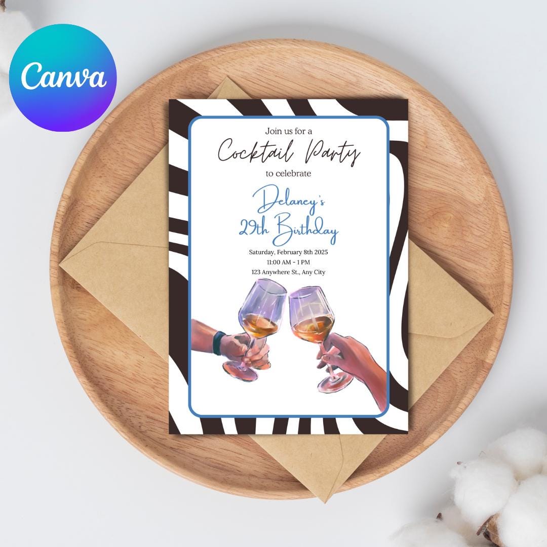 Black and White Cocktail Party Invitation Editable Canva Template ...