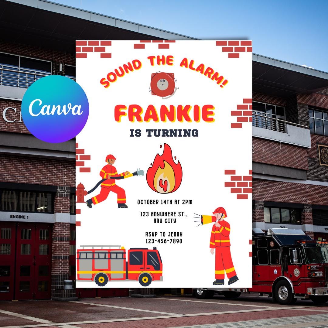 Firefighter-themed Birthday Invitation | Fire Truck Design | Editable ...