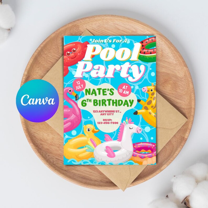 Colorful Pool Party Invitation | Summer Floaties Theme | Customizable Kids Birthday Invite ...