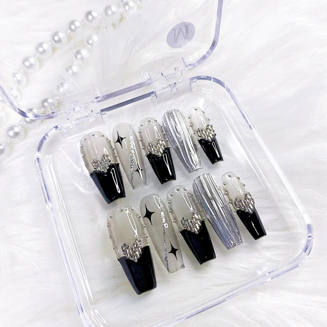Handmade Black Hollow Heart Press on Nails, Long Nail Art - Etsy