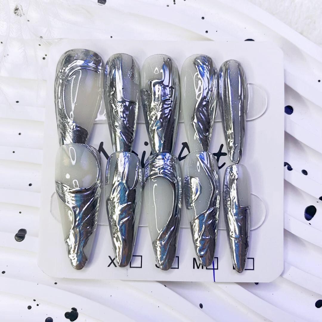Irregular 3D Metal Silver Chrome Mirror Powder Nails | Handmade Cool ...