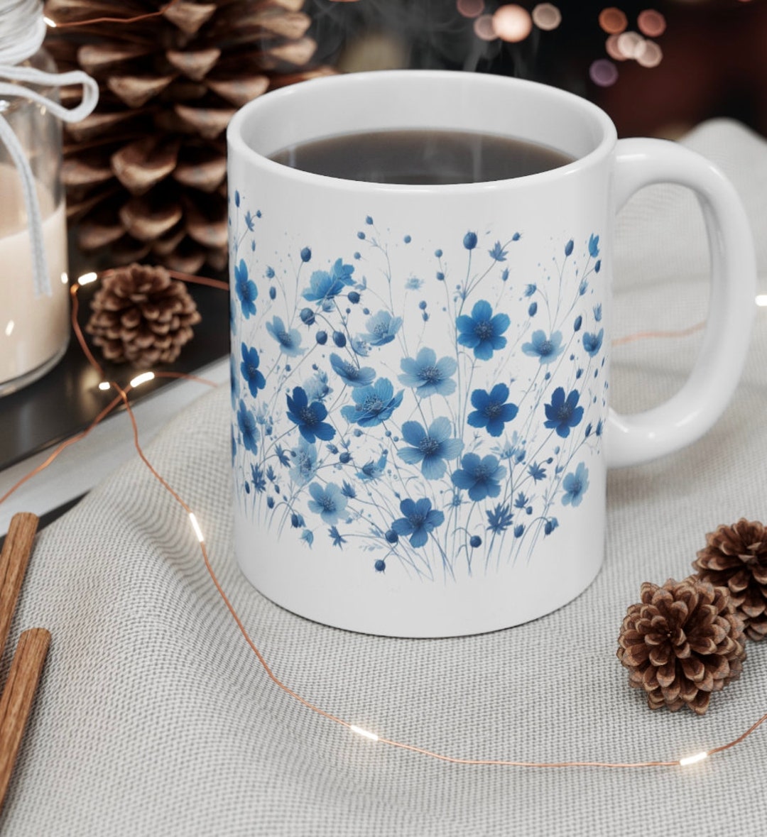 Blue Flower Mug: Floral Coffee Cup, Nature Lover Gift - Etsy