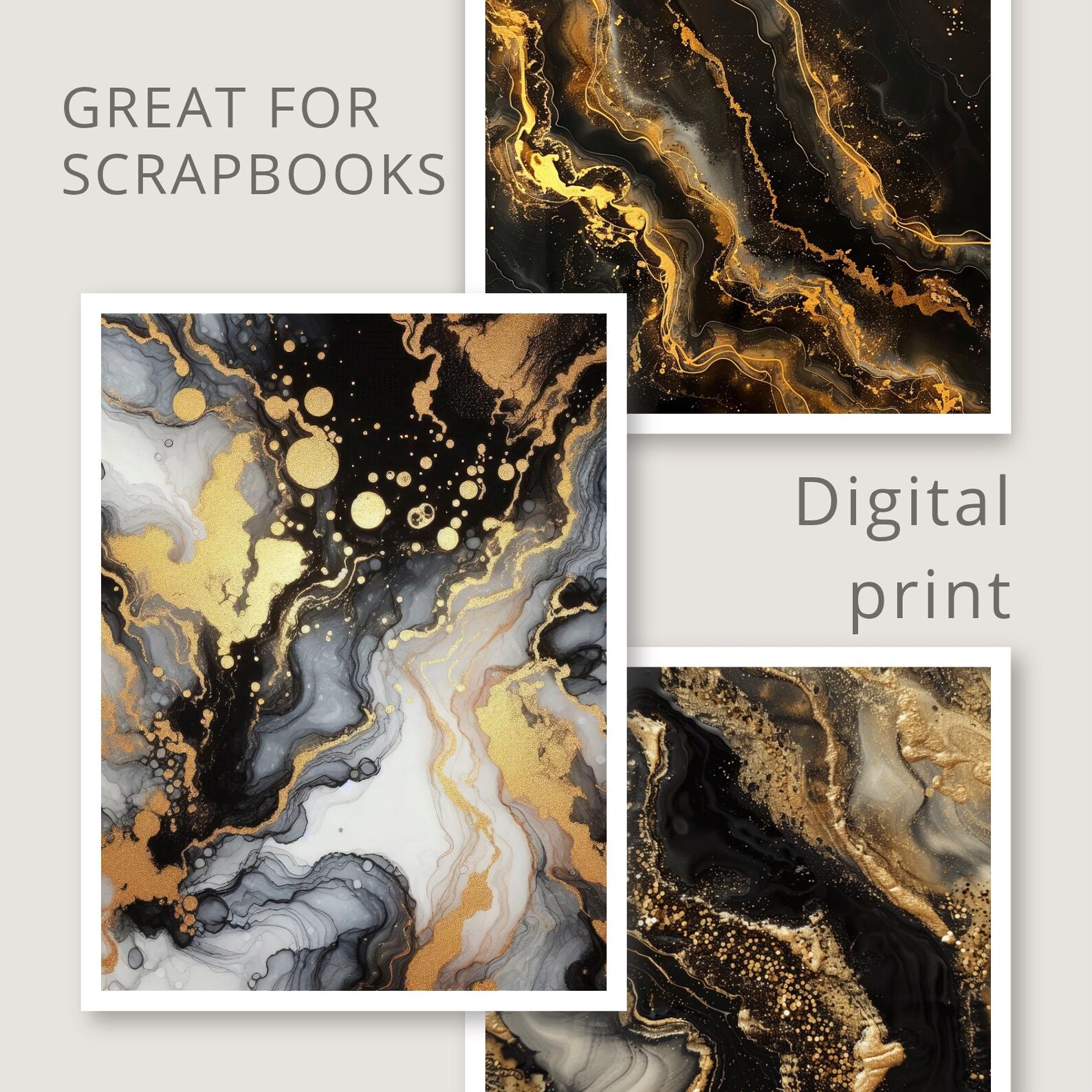 Black and Gold Marble Digital Paper Pack for Scrapbooking - Black ...