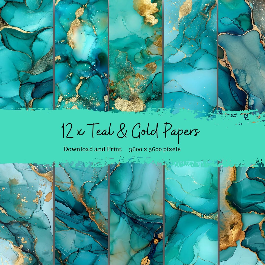 Teal & Gold Alcohol Ink Digital Paper, Watercolour Teal and Gold ...