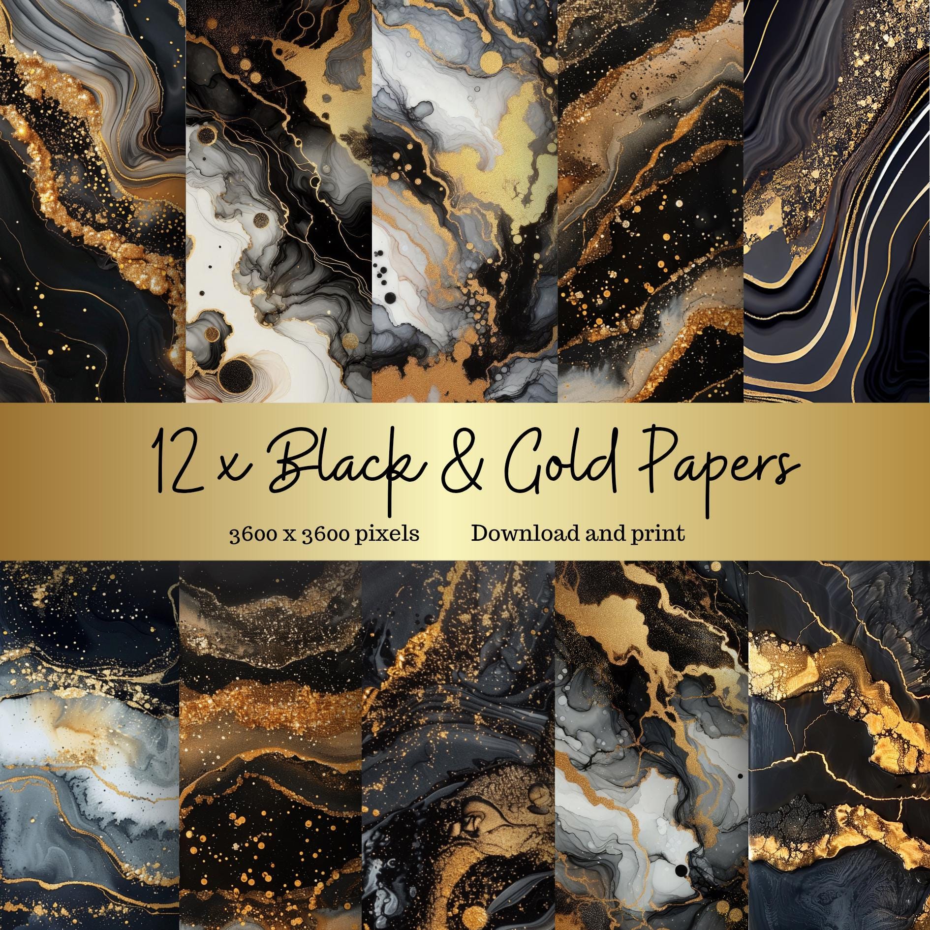 Black and Gold Marble Digital Paper Pack for Scrapbooking - Black ...