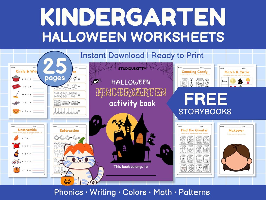 Halloween Kindergarten Activity Worksheets Printable Math & English ...