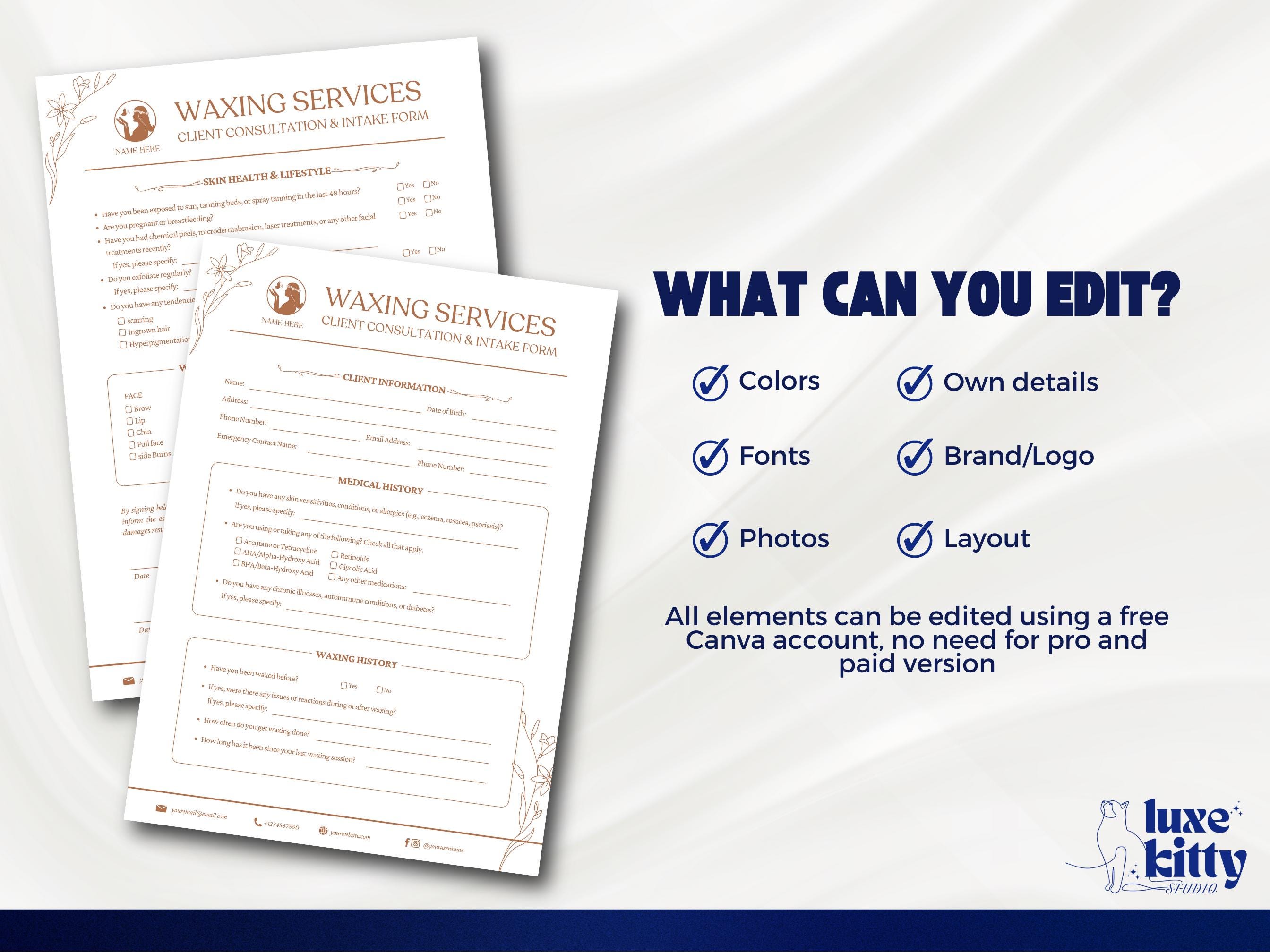 Waxing Client Consultation Intake Form Consent Liability Waiver Forms ...