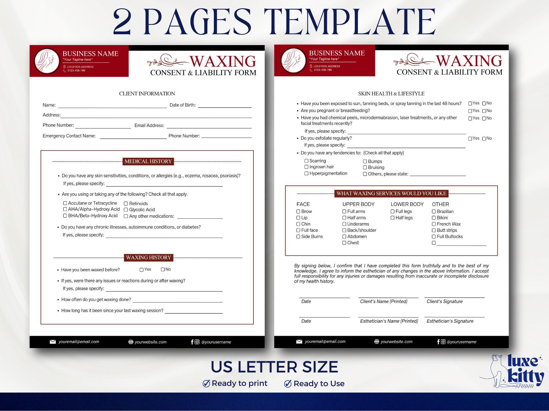 Waxing Client Consultation Intake Form Consent Liability Waiver Forms ...