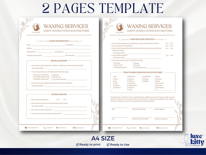 Waxing Client Consultation Intake Form Consent Liability Waiver Forms ...