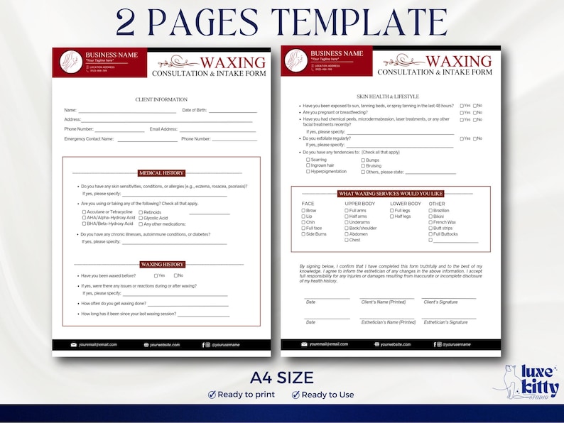 Waxing Client Consultation Intake Form Consent Liability Waiver Forms ...