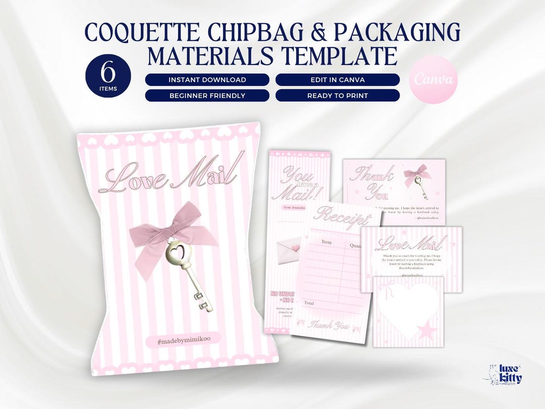 Coquette Packaging Template: Chipbag, Stickers, Notepad (canva Editable ...