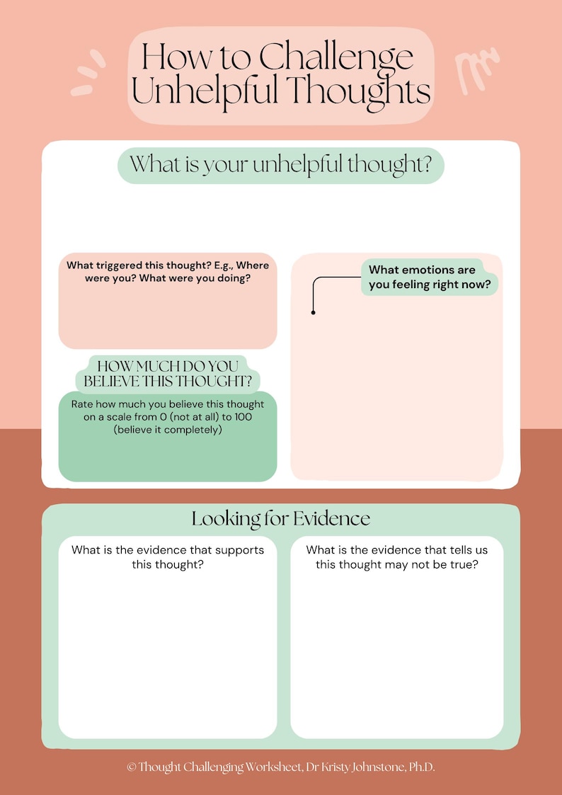 Therapy CBT Thought Challenging Worksheet With Prompts - Etsy