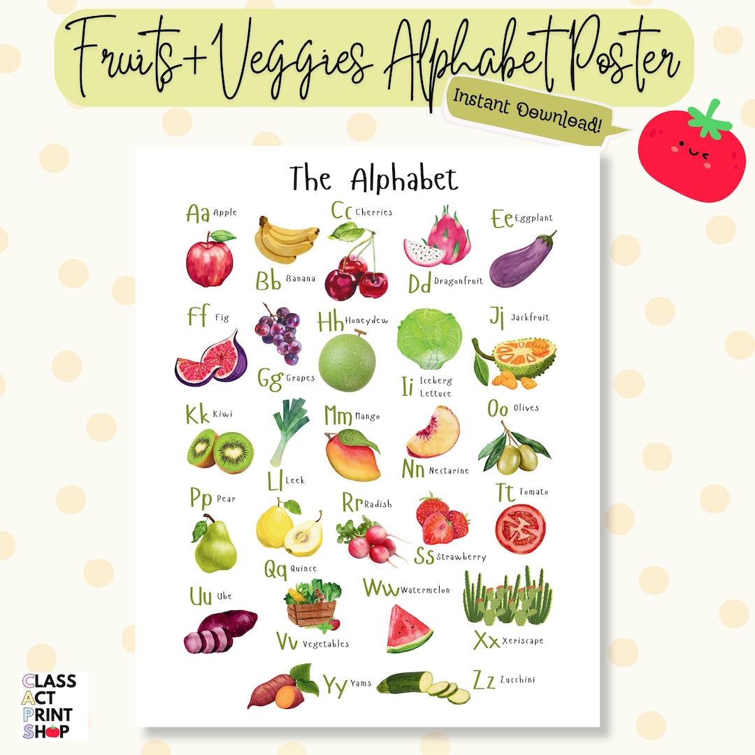 Fruits and Veggies Alphabet Poster: Classroom Wall Art (digital ...
