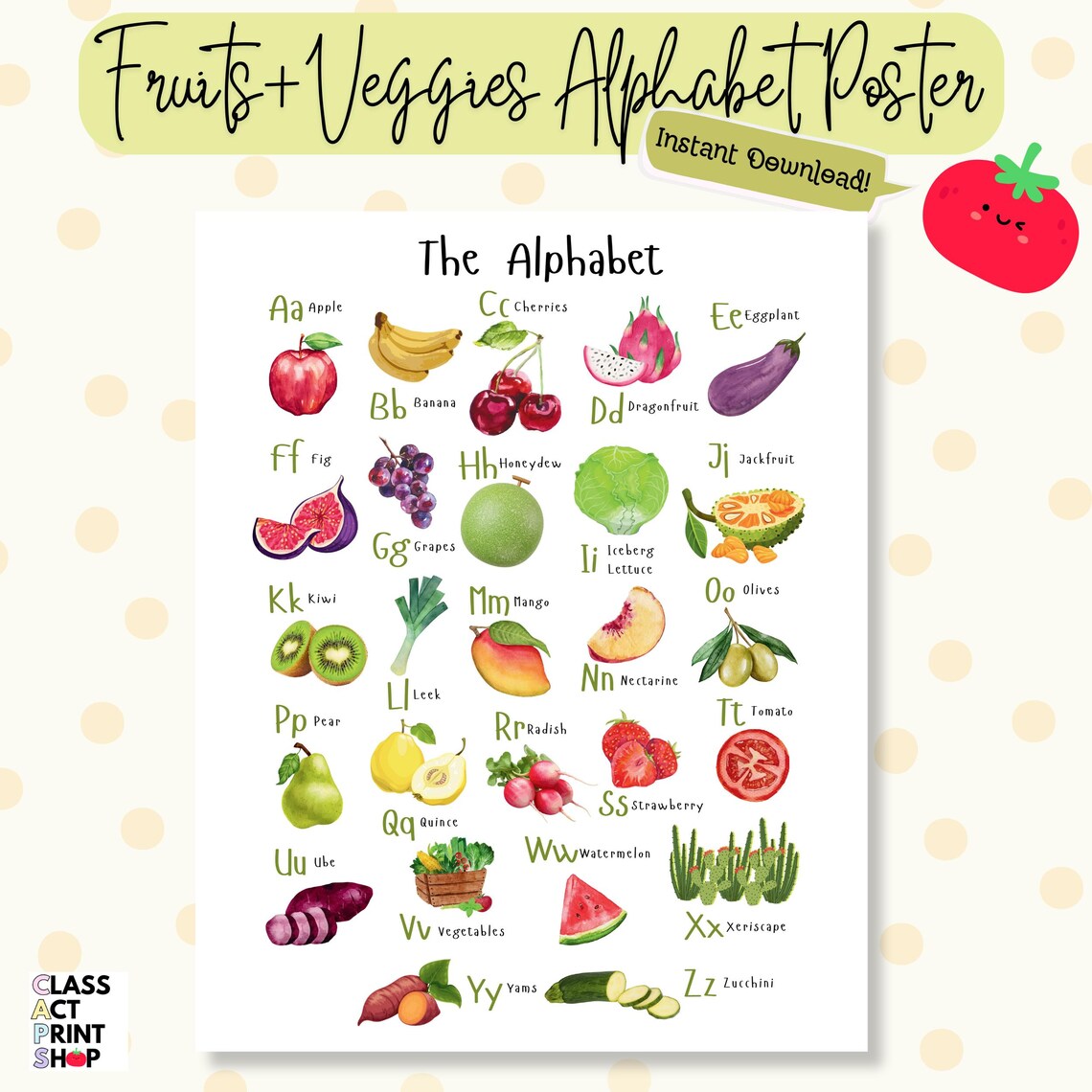 Fruits and Veggies Alphabet Poster: Classroom Wall Art (digital ...