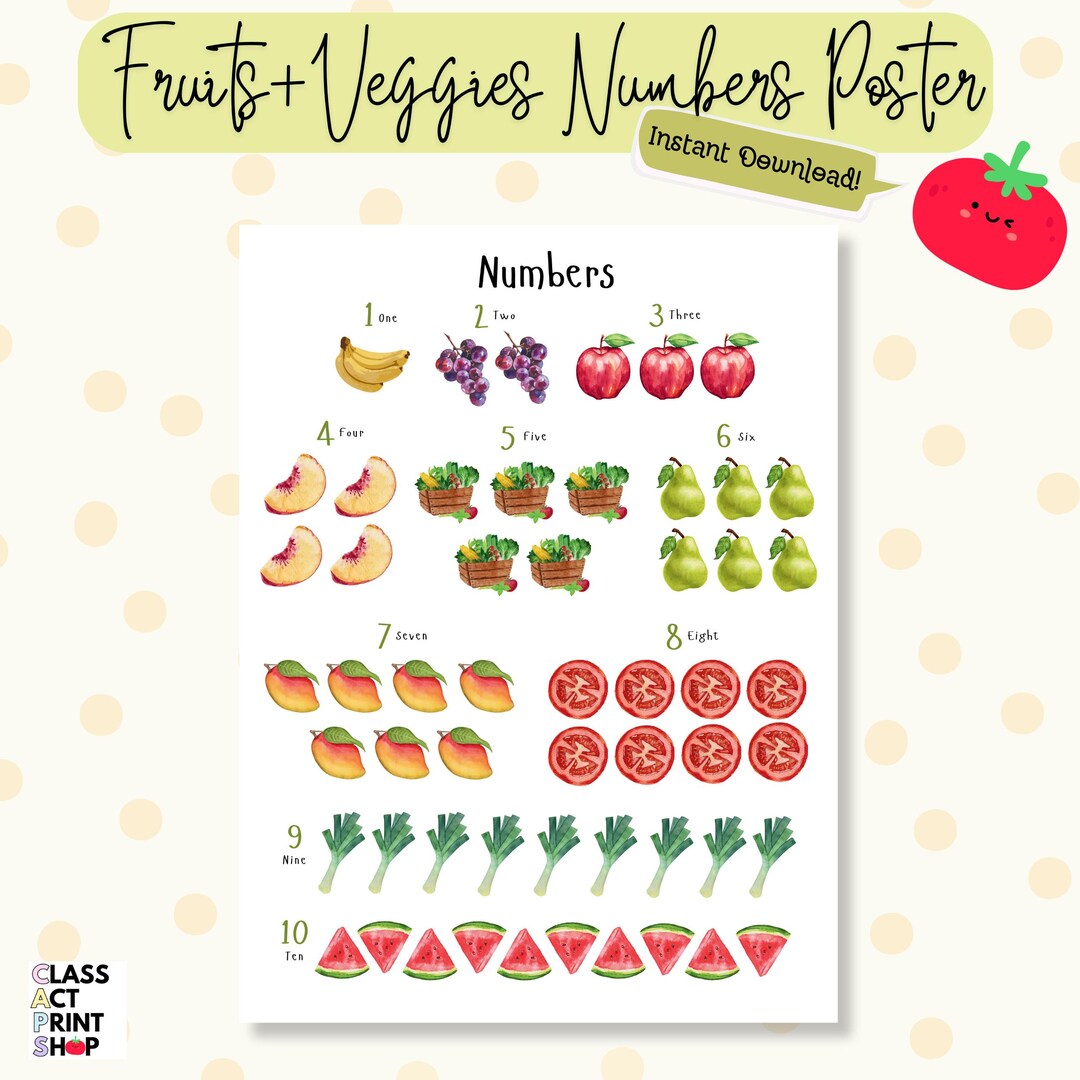 Printable Numbers Poster Fruits and Veggies Classroom Posters Wall Art ...