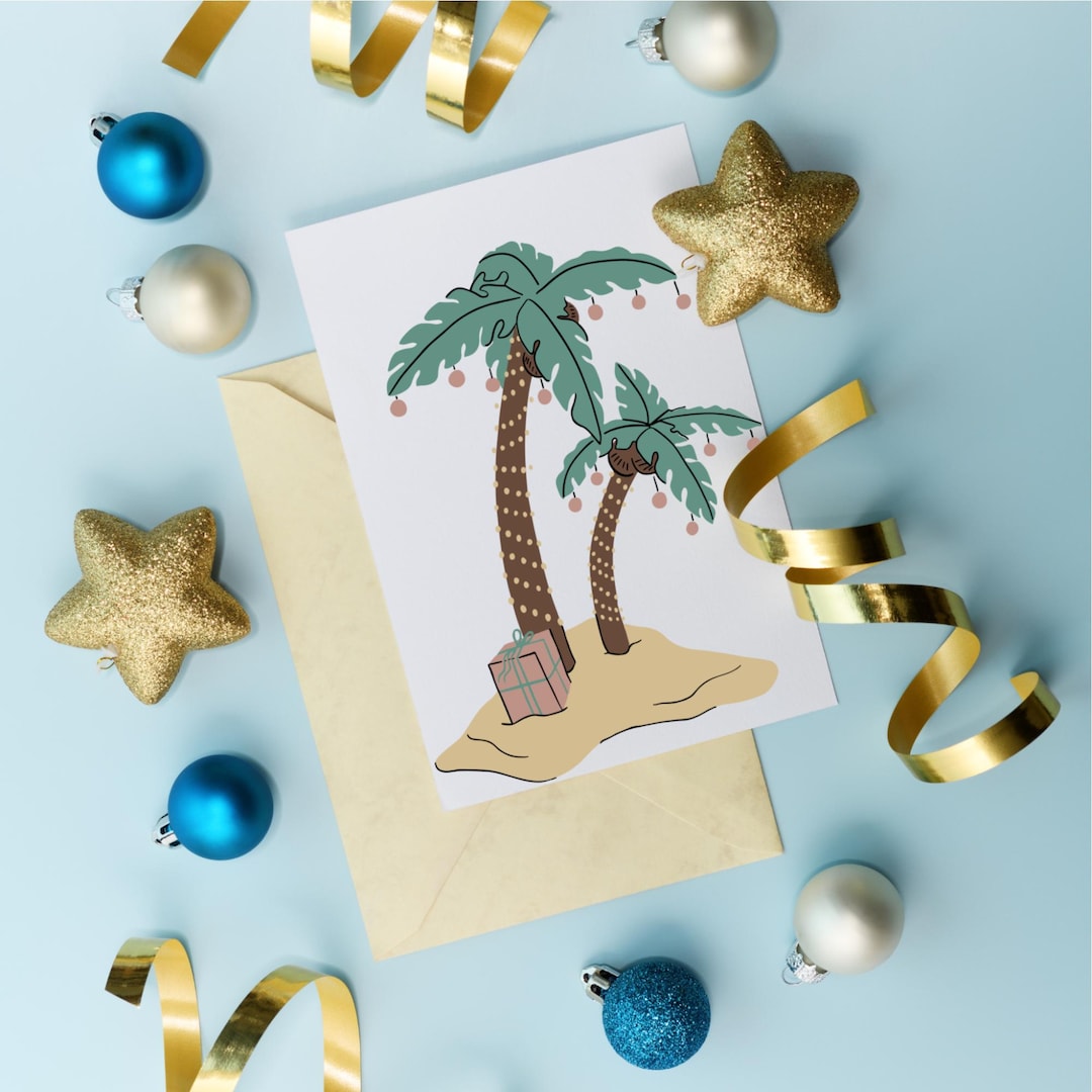 Beachy Holiday Palm Tree Card, Printable Christmas Card, Festive Island ...