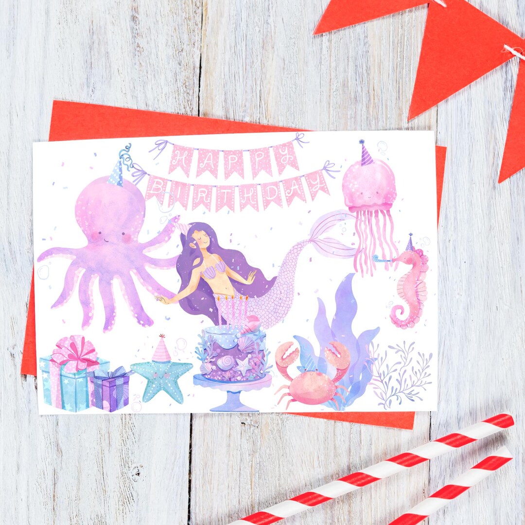 Mermaid Birthday Card Printable Pastel Watercolor Card Digital Download ...