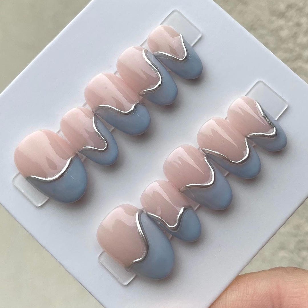 Baby Blue French Tip Press on Nails: Silver Chrome Wavy Gel Nails - Etsy