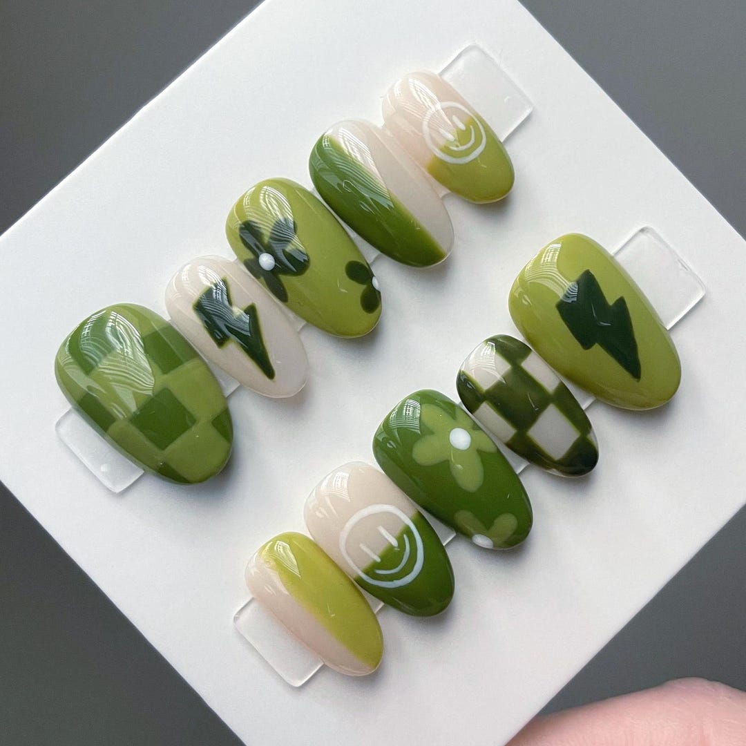 Custom Press on Nails: Green Monochrome Preppy Flower Checker Print Gel ...