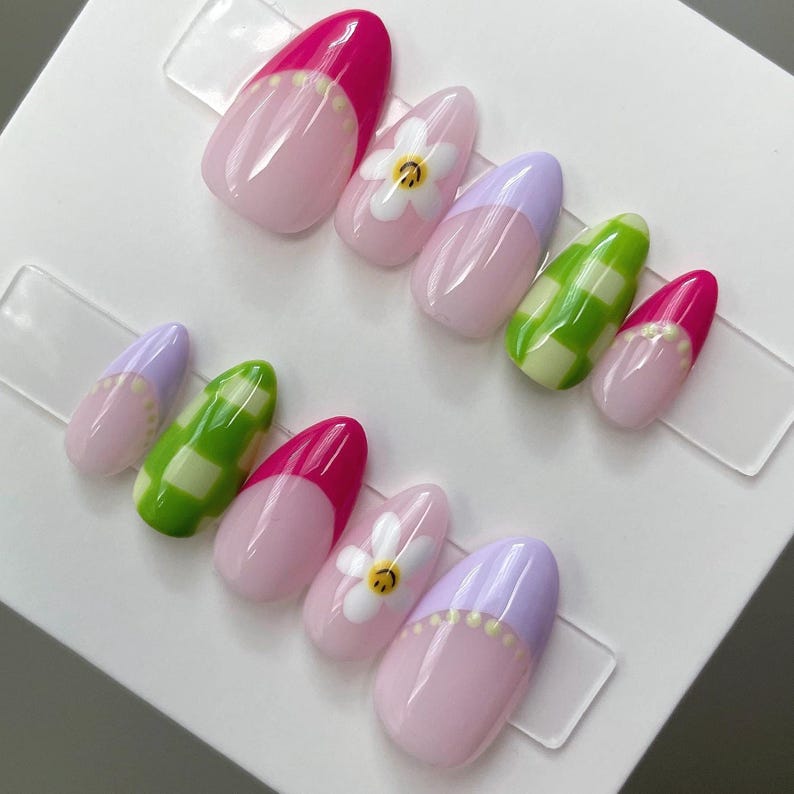 Custom Press on Nails: Preppy Purple Pink and Green Reusable Salon ...
