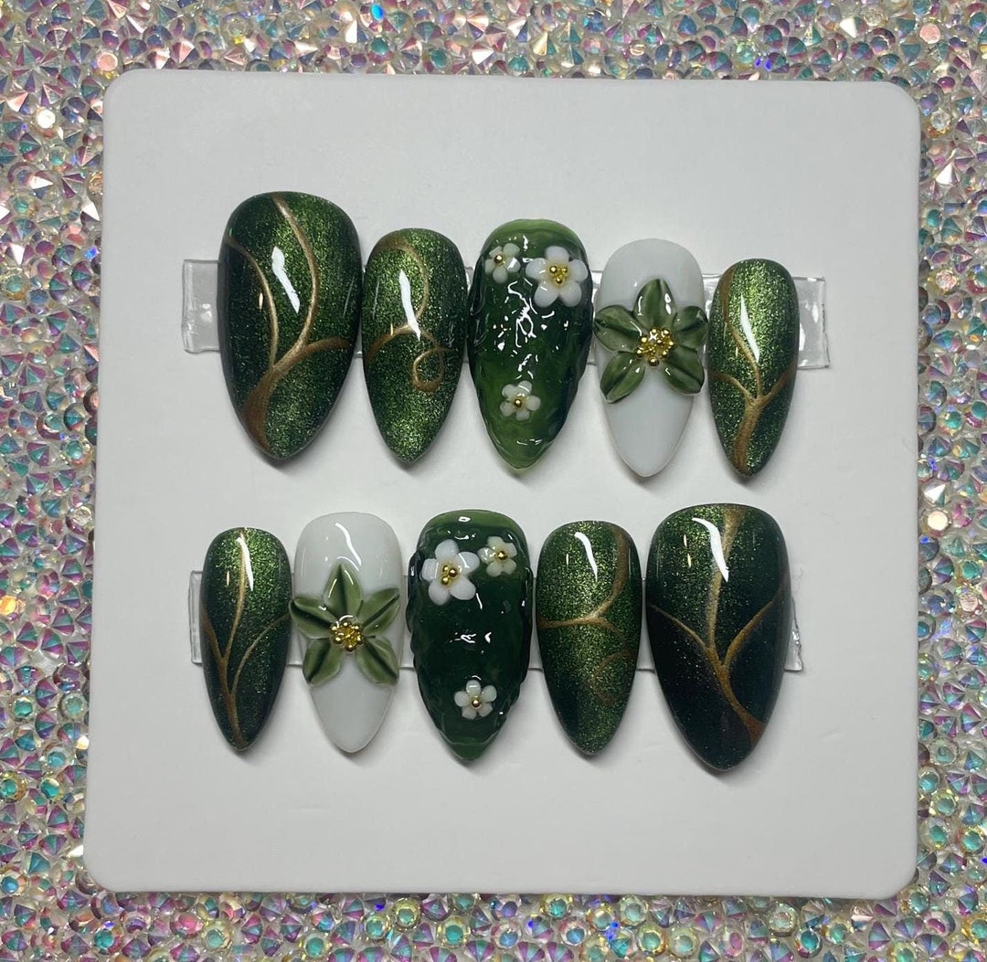 Custom Colorful Press on Nails Gel Nails Hand Made Press on Nails Green ...