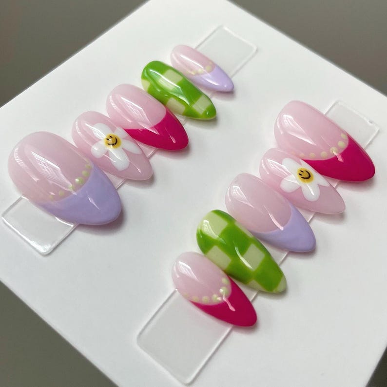 Custom Press on Nails: Preppy Purple Pink and Green Reusable Salon ...