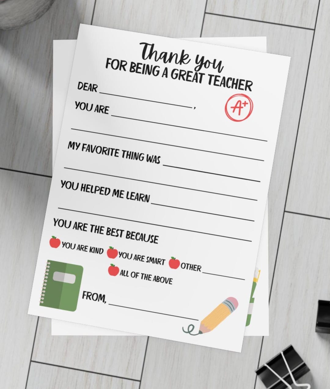 Teacher Thank You Card, Fill in the Blank Postcard for Children ...