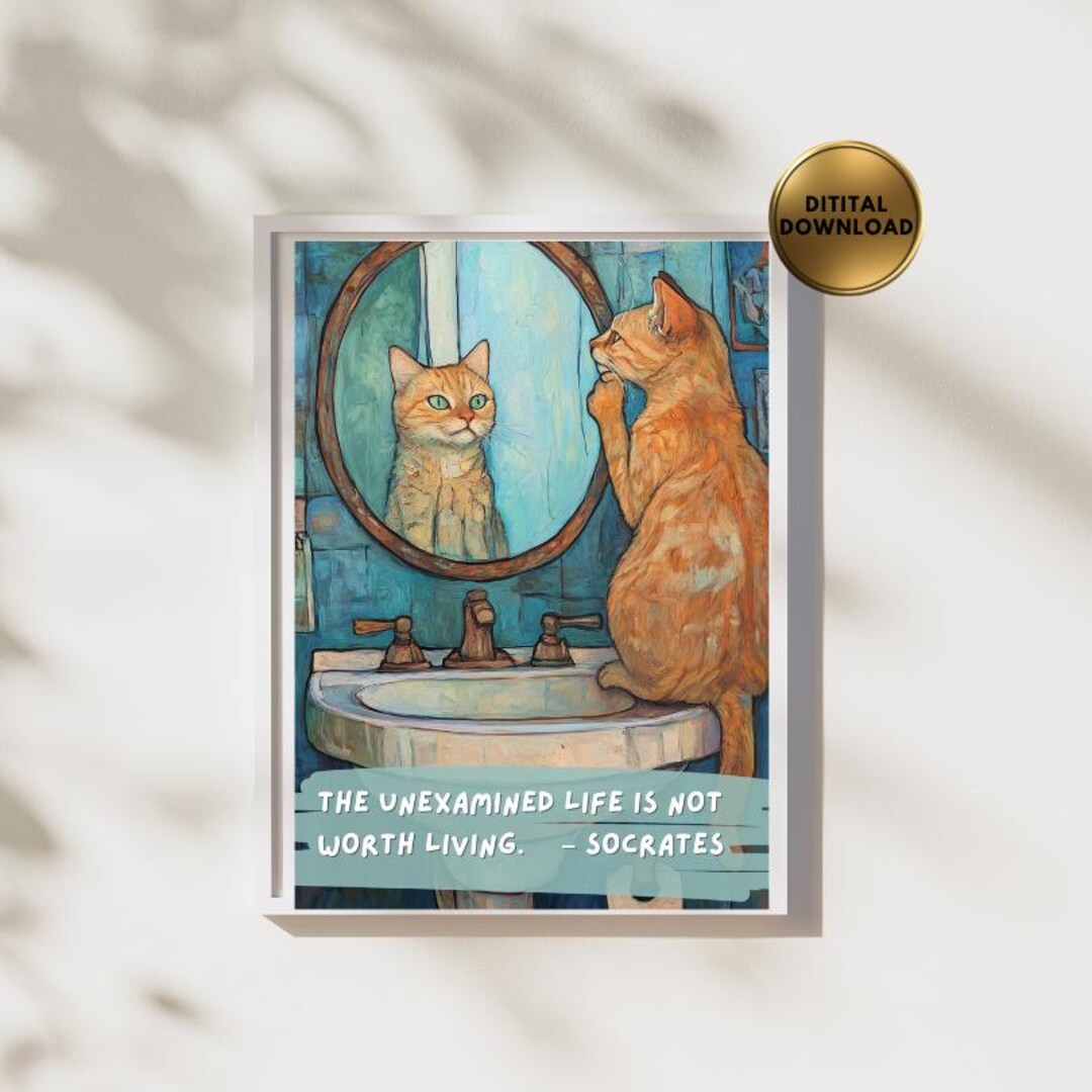 Socrates Quote Digital Cat Wall Art Printable Whimsical Mirror Cat Art ...