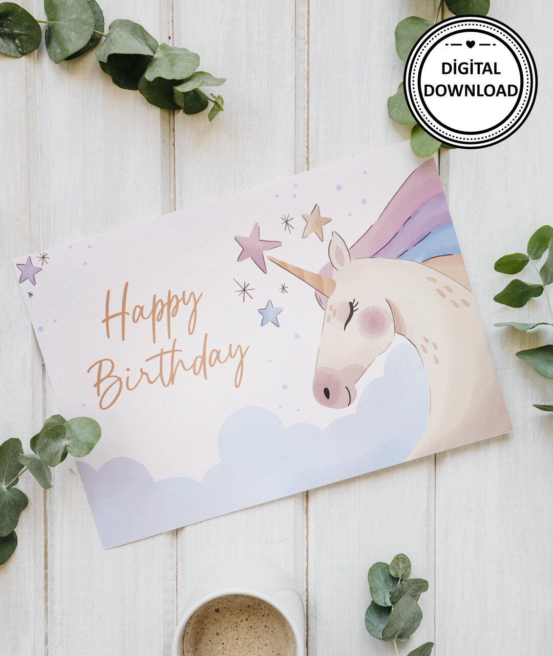 Happy Birthday Digital Printable Card Unicorn Birthday Invitation Card ...