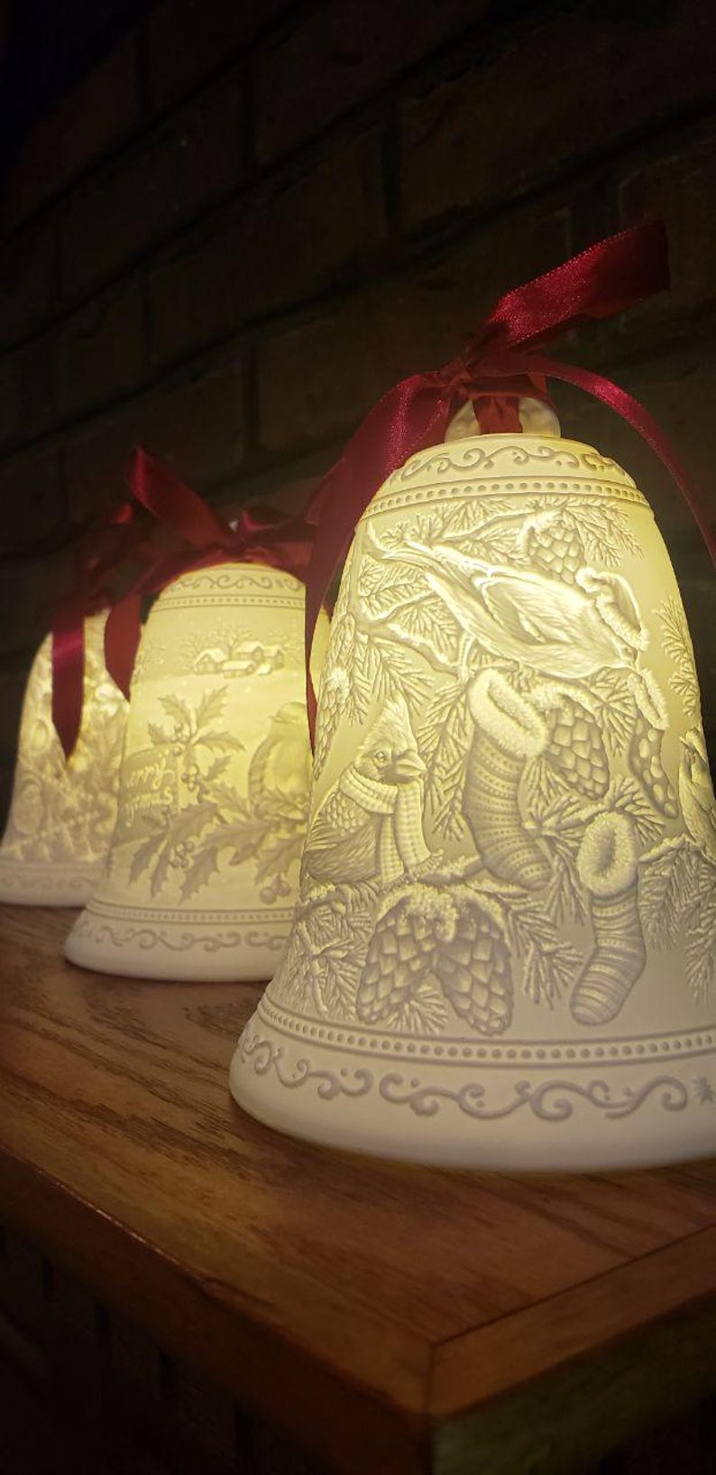 Merry Christmas Birds - Illuminated Porcelain Bell Christmas Ornament ...