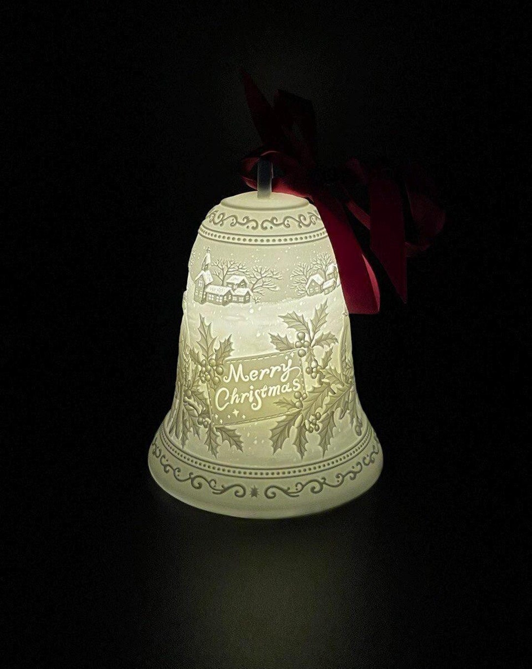Merry Christmas Birds - Illuminated Porcelain Bell Christmas Ornament ...