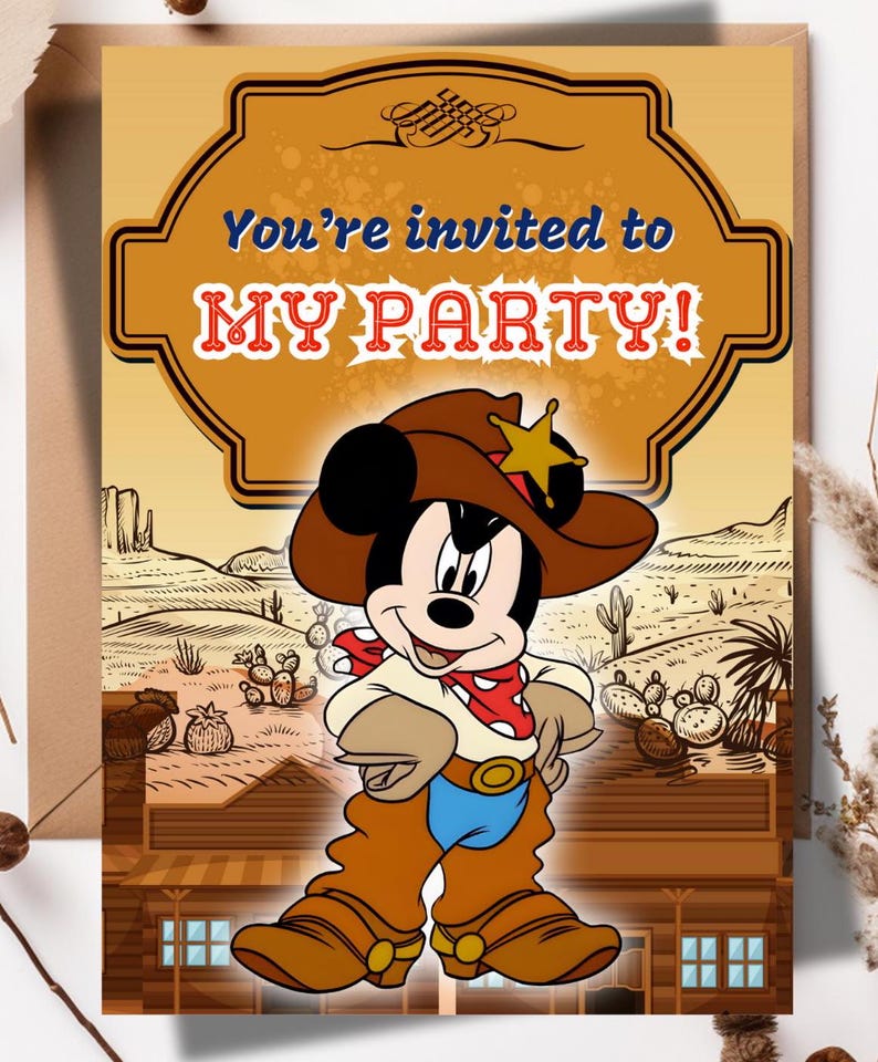 Mickey Mouse Cowboy Birthday Invitation 5x7in, Mickey Mouse Cowboy ...
