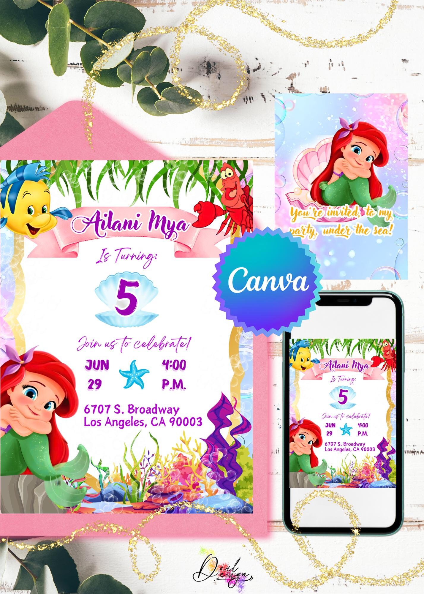 Invitación de cumpleaños de La Sirenita Ariel de 5 x 7 pulgadas ...