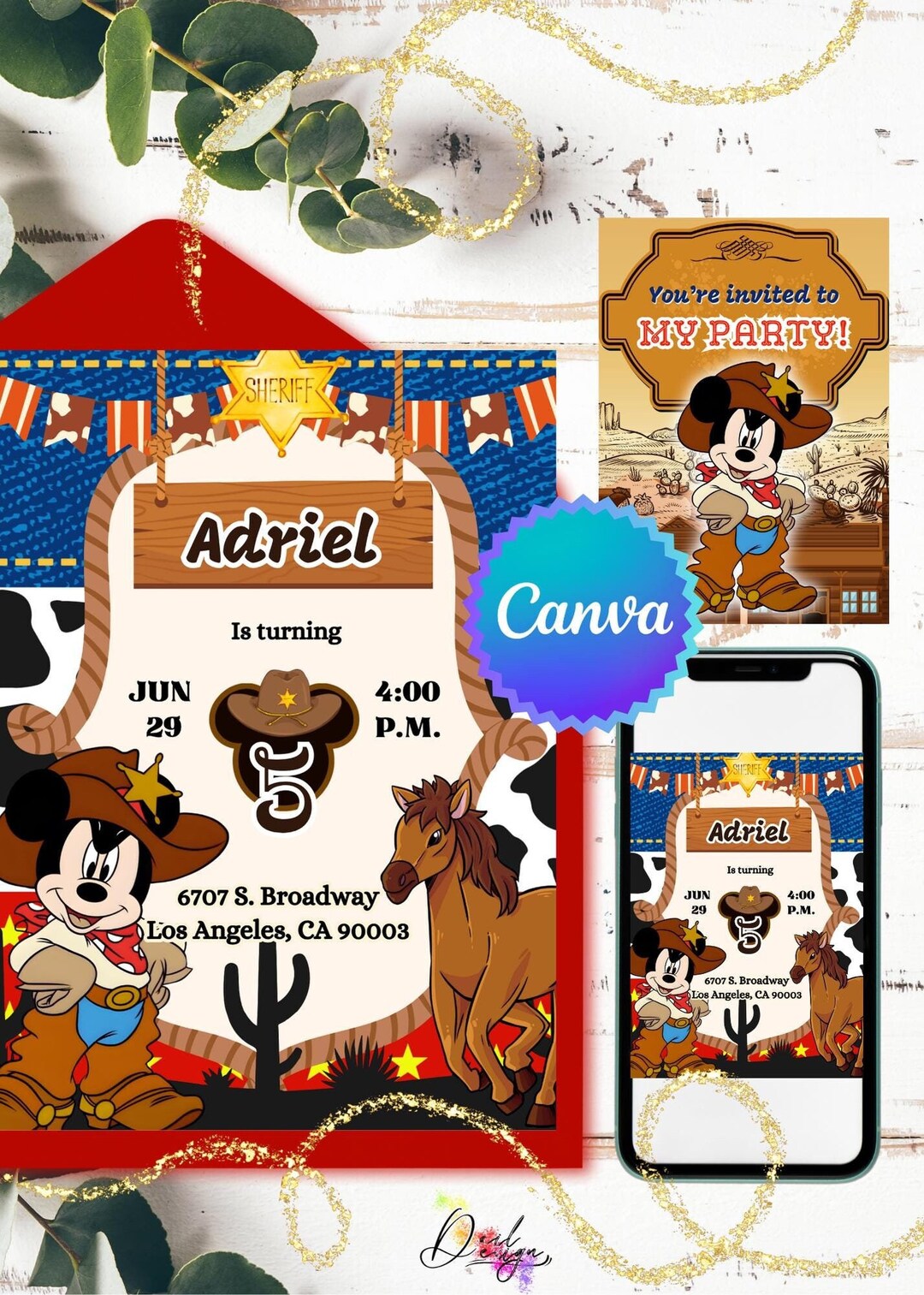 Mickey Mouse Cowboy Birthday Invitation 5x7in, Mickey Mouse Cowboy ...