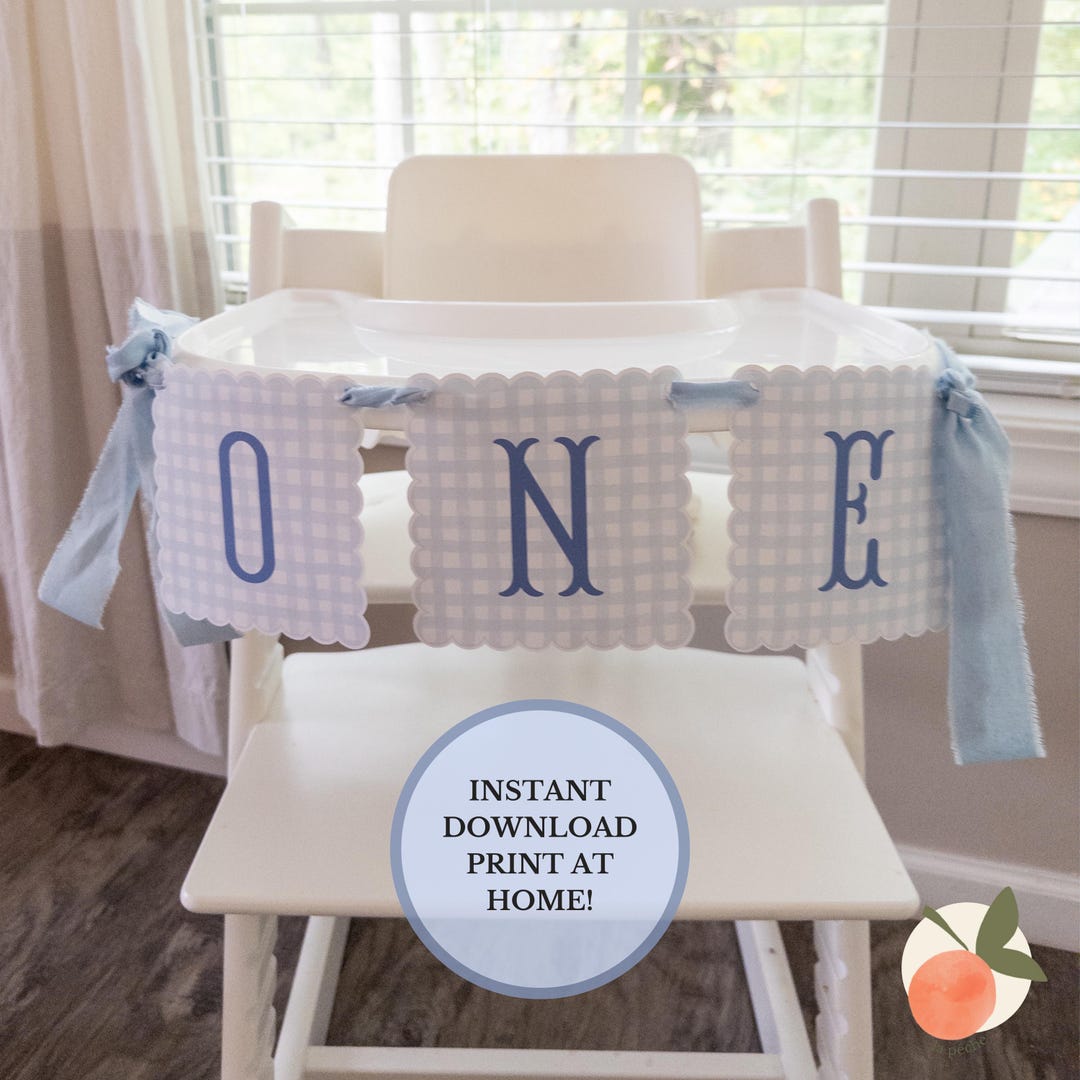 Blue Gingham 'ONE' Scallop Edge High Chair Banner | Printable Download ...