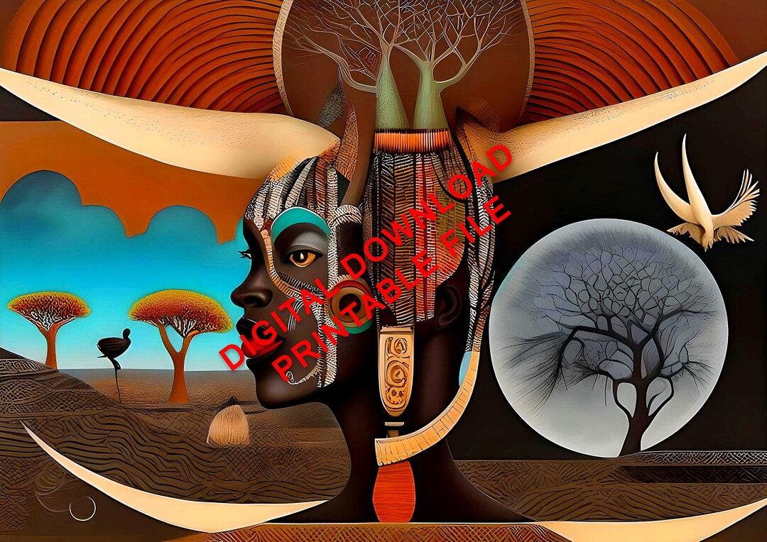 Earthy African Woman Portrait | Nature-infused Face Art | Tribal Wall ...